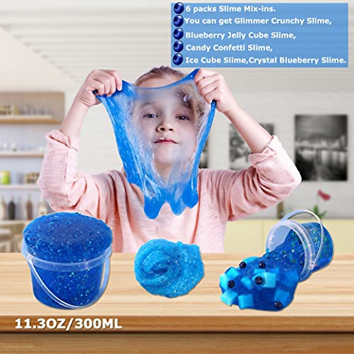 Premade Crystal Slime Blueberry Blue Jelly Cube Glimmer Crunchy Slime, Includes 6 Sets of Slime Add-ins, Party Favors for Kids, Sensory and Tactile Stimulation, Stress Relief, for Girls & Boys