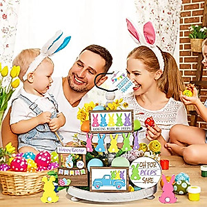 12 Pcs Easter Tiered Tray Decor Set Easter Bunny Wood Sign Rustic Farmhouse Decor Tiered Tray Decorative Trays Signs for Easter Table Holiday