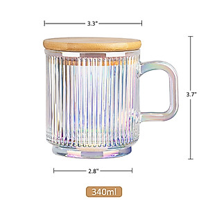 Joeyan Iridescent Glass Coffee Mugs Set of 2-11.5 oz Striped Coffee cups with Lid - Large Drinking Glasses with Handle for Latte, Coffee, Tea, Milk, Juice