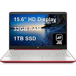 HP Laptop, 15.6" HD Display, Intel Pentium Gold 6405U 2.4 GHz Processor, 32GB Memory, 1TB SSD, SD Card Reader, Webcam, HDMI, USB-C, RJ-45, Wi-Fi, Windows OS, Red, JVQ MP