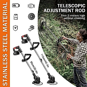 Electric Weed Wacker Battery Operated, Weed Eater Lawn Cordless String Trimmer Battery Power, Grass Cutter Machine, Adjustable Cutting Angle & Height Brush Cutter for Garden and Yard