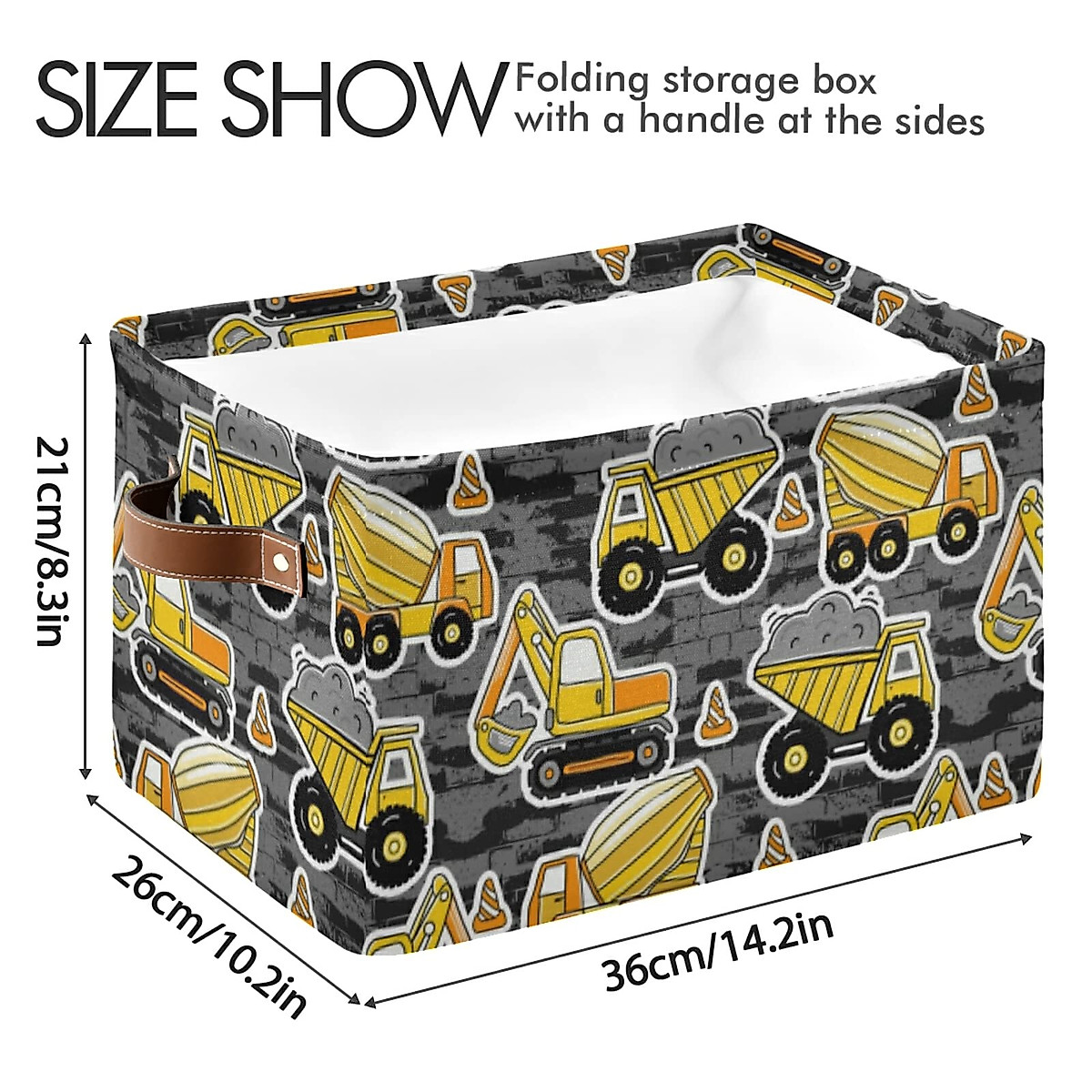 Construction Yellow Machinery with Truck Crane and Bulldozer Grey Rectangular Storage Basket Bin, Collapsible Storage Box with Leather Handles, Nursery Baskets Organizer for Kitchen, Kids Toy