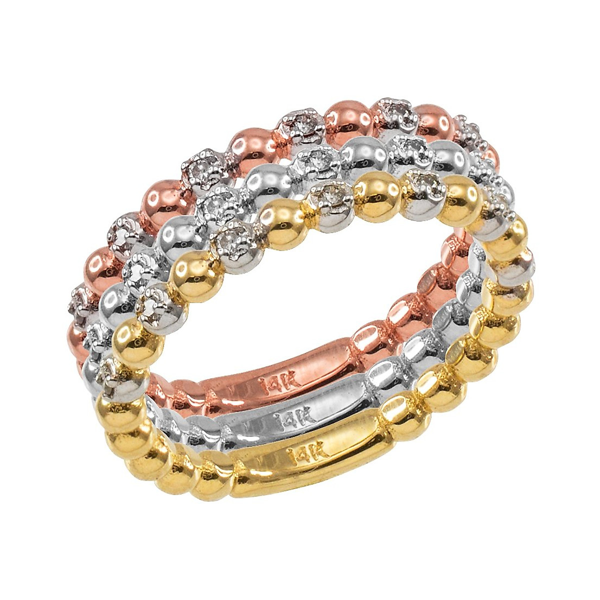 Modern Contemporary Rings Fine 14k White Gold Beaded Stackable Ring with Natural Diamonds (Size 6.5)