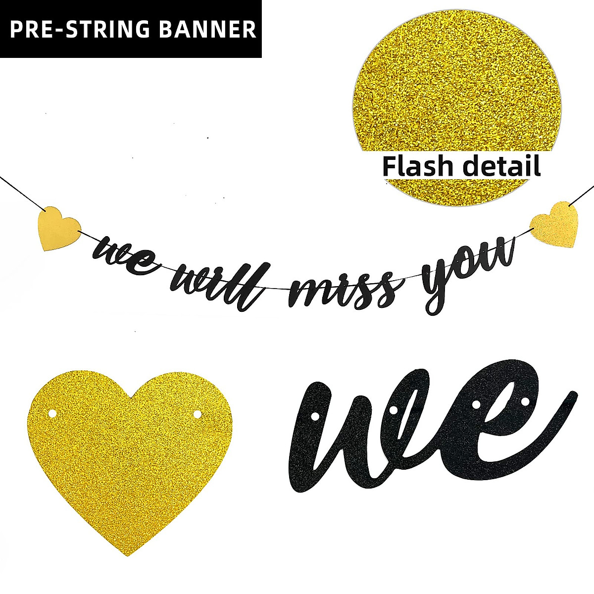 We Will Miss You Banner Sign for Retirement Farewell Party Decorations Black Glitter Pre-Strung Banner for Goodbye Party (Gold Heart)