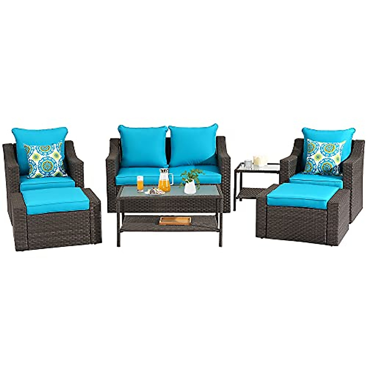 May in Color 7 Pieces Outdoor Patio Furniture Set, Wicker Conversation Set with Ottomans Cushions, Sectional Lounge Chair Sofa with Coffee Table, for Porch Deck Poolside Garden Balcony Backyard, Blue