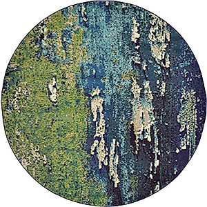 Unique Loom Estrella Collection Distressed, Landscape, Abstract, Modern, Earth Tones Area Rug (8' 0 x 8' 0 Round, Navy Blue/Green)