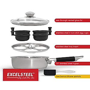 Excelsteel 18/10 Stainless Steel 4 Cup Egg Poacher, Non Stick Easy Use Rust Resistant Home Kitchen Breakfast Brunch Induction Cooktop Ready