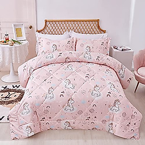 JSD Pink Unicorn Kids Comforter Set for Girls, 2 Pieces Twin Microfiber Comforter with Pillow Sham, Soft Comfortable Machine Washable