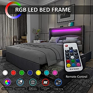 AMERLIFE Queen Bed Frame with RGBW LED Lights Headboard & 4 Storage Drawers, Upholstered Smart Platform Bed with USB & USB-C Ports, Box Spring Optional, Light Grey