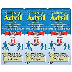 Children's Advil Pain Reliever and Fever Reducer, Dye Free Children's Ibuprofen for Pain Relief, Liquid Ibuprofen for Children, White Grape - 4 Fl Oz (Pack of 3)