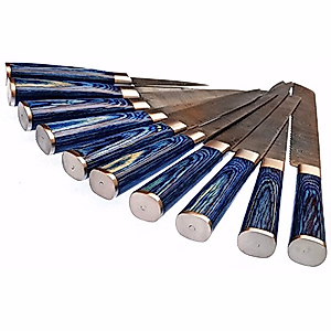 G25- Professional Kitchen Knives Custom Made Damascus Steel 10 pcs of Professional Utility Chef Kitchen Knife Set Round Blue Wood Handle with Pocket Case Chef Knife Roll Bag by GladiatorsGuild