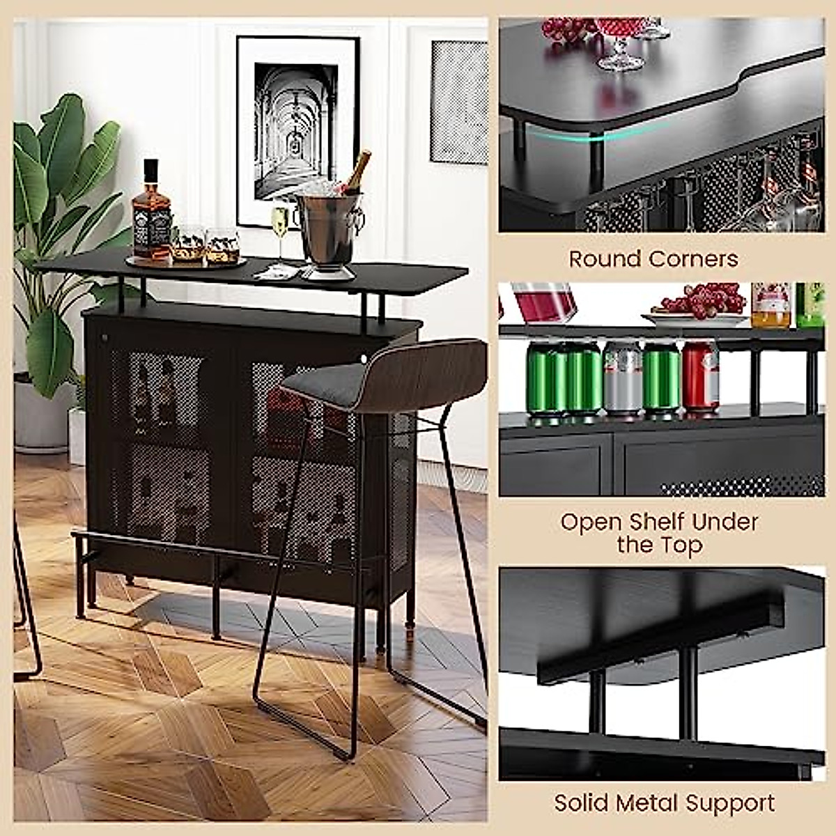 Giantex 4-Tier Home Bar Unit, Home Bar Cabinet w/ 2 Wine Storage Shelves & 6 Stemware Holders, Metal Front & Footrest, 7 Adjustable Feet, Industrial Metal Wine Bar Table for Kitchen, Pub, Black