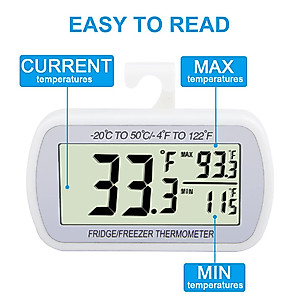 Waterproof Refrigerator Fridge Thermometer, Digital Freezer Room Thermometer , Max/Min Record Function Large LCD Screen and Magnetic Back for Kitchen, Home, Restaurants (2 Pack)