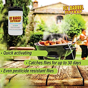 Flies Be Gone Barrel Fly Trap - Reusable Container with Patent Pending Screw Lid – 2 Non-Toxic, Poison and Pesticides Free KM34 Fly Attractant Packs - for Outdoor Home and Commercial Use