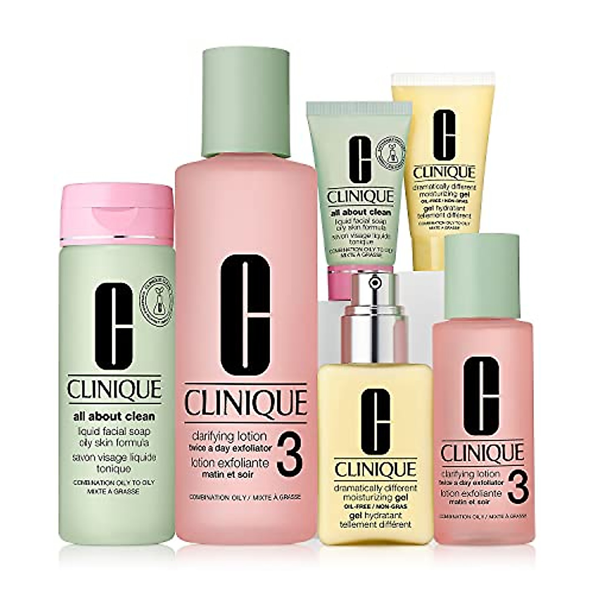 Clinique Great Skin Home & Away Gift Set (Skin Types 3 & 4): 1 Liquid Facial Soap Oily Skin Formula 6.7 Oz + 1 Clarifying Lotion 3 with Pump 16.5 Oz + 1 Dramatically Different Moisturizing Gel with Pump 4.2 Oz + 1 Liquid Facial Soap Oily Skin Formula 1 Oz
