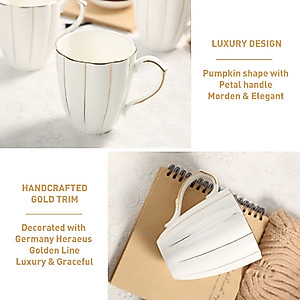 DUJUST Coffee Mug Set of 4(13.5oz), Luxury British Design with Handcrafted Golden Trims, 1st-Class Bone-china White and Gold Cup Set for Coffee, Tea&Milk, Beautiful&Graceful Top Fine Porcelain Cups