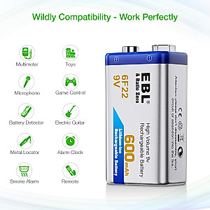 EBL 4-Pack 9V Batteries Li-ion 9 Volt Rechargeable Batteries with 9V Battery Charger