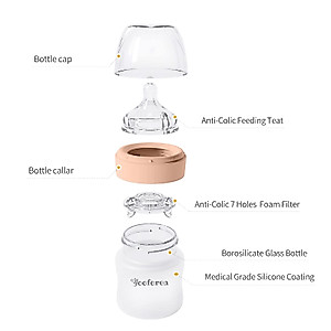 Yooforea Silicone Coated Glass Baby Bottle, 0M+ Slow Flow Nipple I Anti-Colic, Wide Neck, Stable Base I Medical-Grade Silicone Coating for Shatter Protection, BPA BPS PVC Free (3 Ounce-Honey)