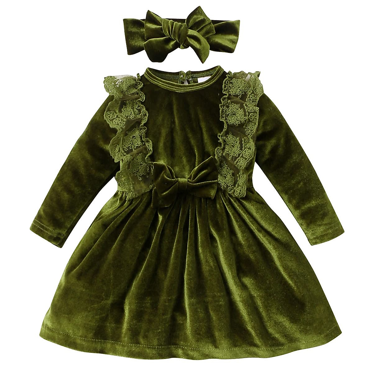 AFAVOM Toddler Baby Girls Velvet Tutu Dress with Headband Fall Winter Outfits Kids Lace Long Sleeve Princess Birthday Party Christmas Dresses Vintage Casual Holiday Playwear Clothes Green 6-9 Months