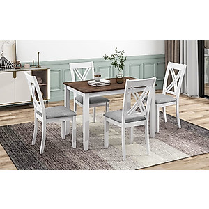 Kisyapoo Rustic Minimalist 5-Piece Dining Table Set with 4 X-Back Upholstered Chairs, Solid Wood Rectangular Table for Kitchen Living Room, Dining Set for 4 Persons (White)
