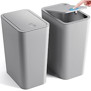 ITCPRL Bathroom Trash Can with Lid, 2 Pack 4 Gallons/15 Liters Garbage Can with Pop-Up Lid, Small Plastic Trash Can, Slim Trash Bin Waste Basket for Bathroom, Bedroom, Office, Living Room(Grey)