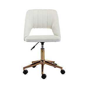 Guyou Desk Chair Armless Office Chair Gold and White, Upholstered Velvet Home Office Chair Cute Vanity Stool for Small Space Teens Study Makeup with Hollow Back, White