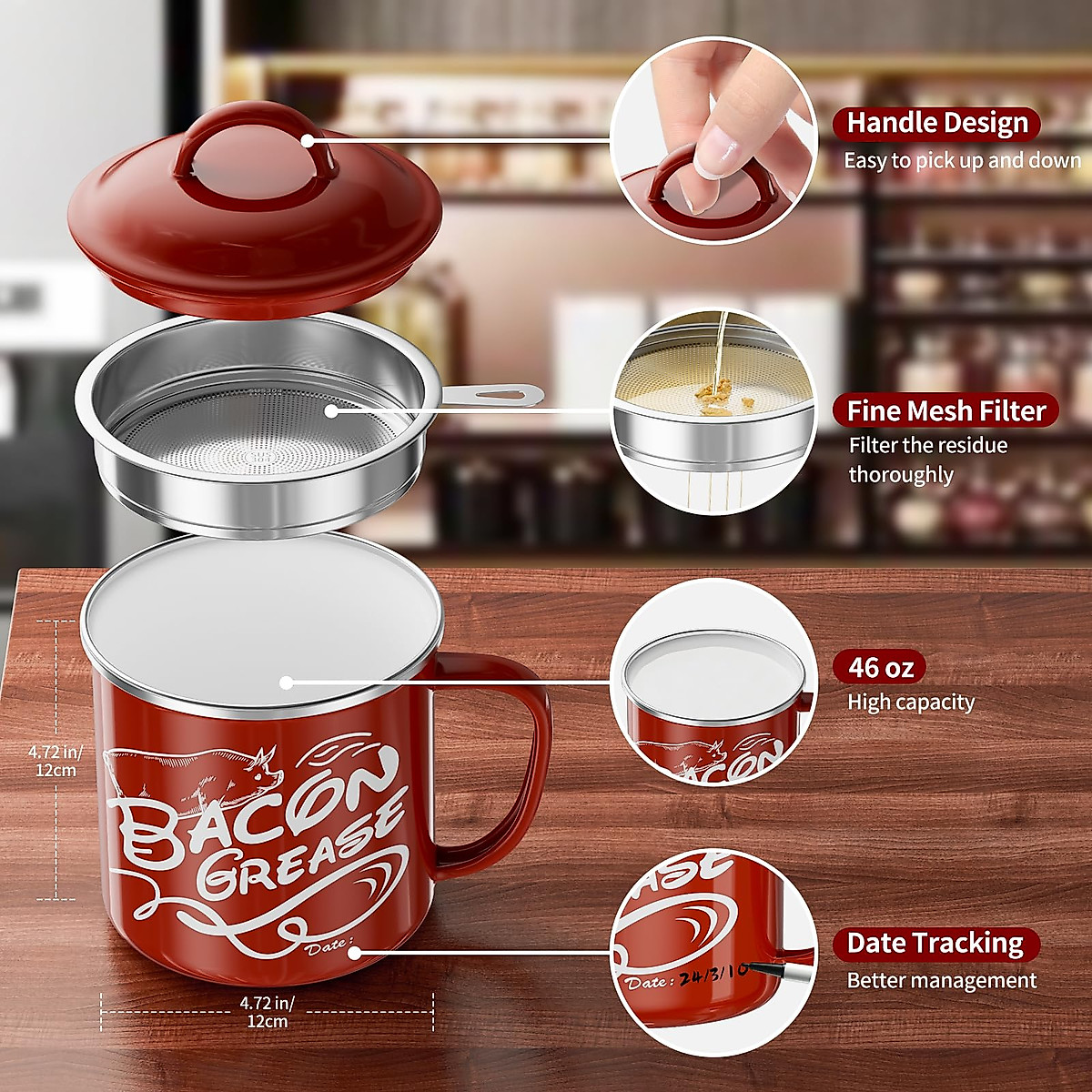 Ffrwjc Bacon Grease Saver with Strainer - 46OZ Bacon Grease Container for Kitchen, Large Enamel Stainless Steel oil container for Bacon Fat Dripping, Farmhouse Kitchen Decor, Dishwasher Safe (RED)