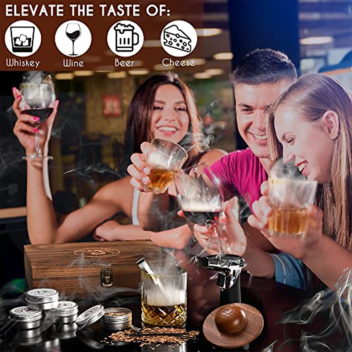 The Whiskey Underground Whiskey Smoker Kit - Cocktail Smoking Kit With Smoking Top, Butane Torch, Tongs, Whiskey Stones - Apple, Cherry, Oak, Walnut Wood Chips - Premium Wooden Box - 11.88x9.96x2.75 Great Gift Set For Husband, Father, Groomsmen. Perfect f