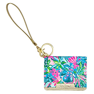 Lilly Pulitzer Snap ID Card Case, Cute Blue Keychain Wallet, Slim Credit Card Holder with Wristlet Strap, Golden Hour