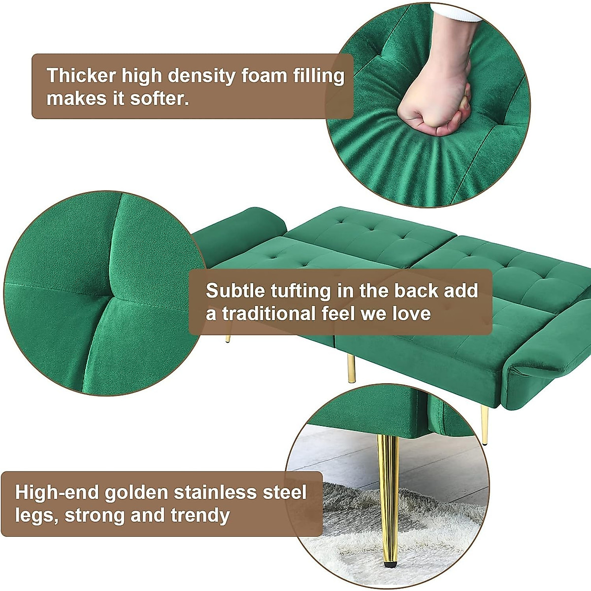 WinJoy Convertible Futon Sofa Bed with Folded Arms, Multi-Functional Velvet Sleeper Bed Reversible Couches with Storage and Adjustable Backrest, Armrests for Living Room, Apartment, Small Space Green