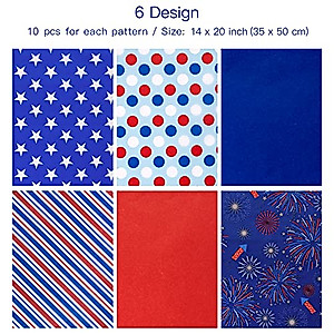 WRAPAHOLIC Wrapping Tissue Paper - 60 Sheets 14 x 20 Inch Blue Red White Tissue Paper Bulk for Independence Day Gift Wrapping, Arts & Crafts, Packing and Decorations