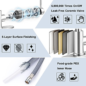 Homikit Kitchen Sink Faucet with Pull Down Sprayer & Soap Dispenser, Brushed Nickel Stainless Steel Kitchen Faucet with Deck Plate, High Arc Single Handle Sink Faucet for Utility Rv Laundry