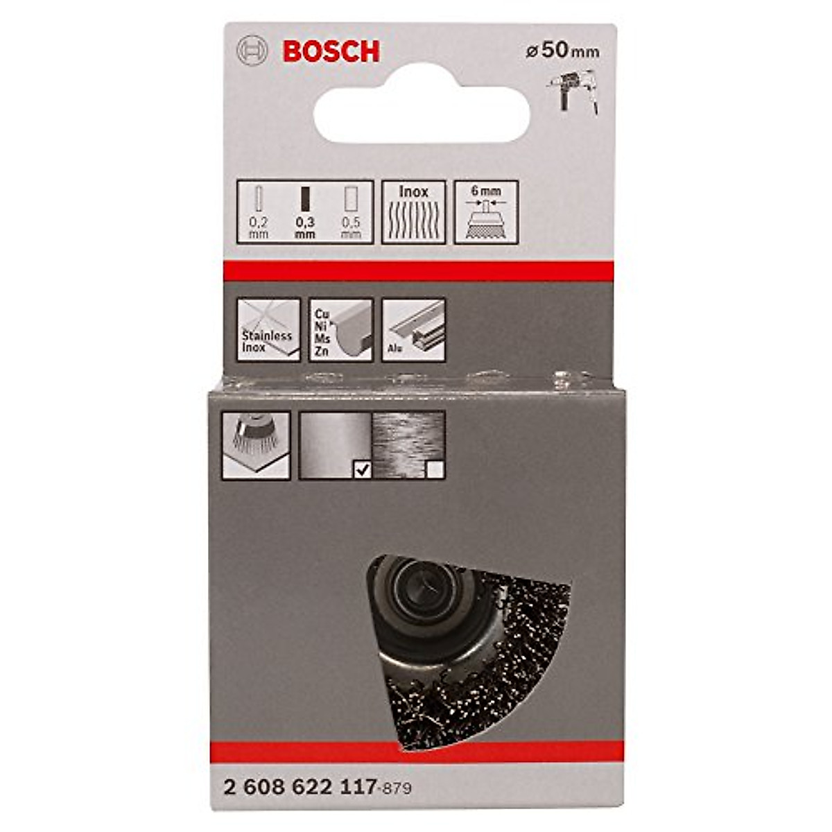 Bosch 2608622117 Shank Cup Brush Crimped Wire, 0.3mm Inox, 50mm x 6mm, Silver