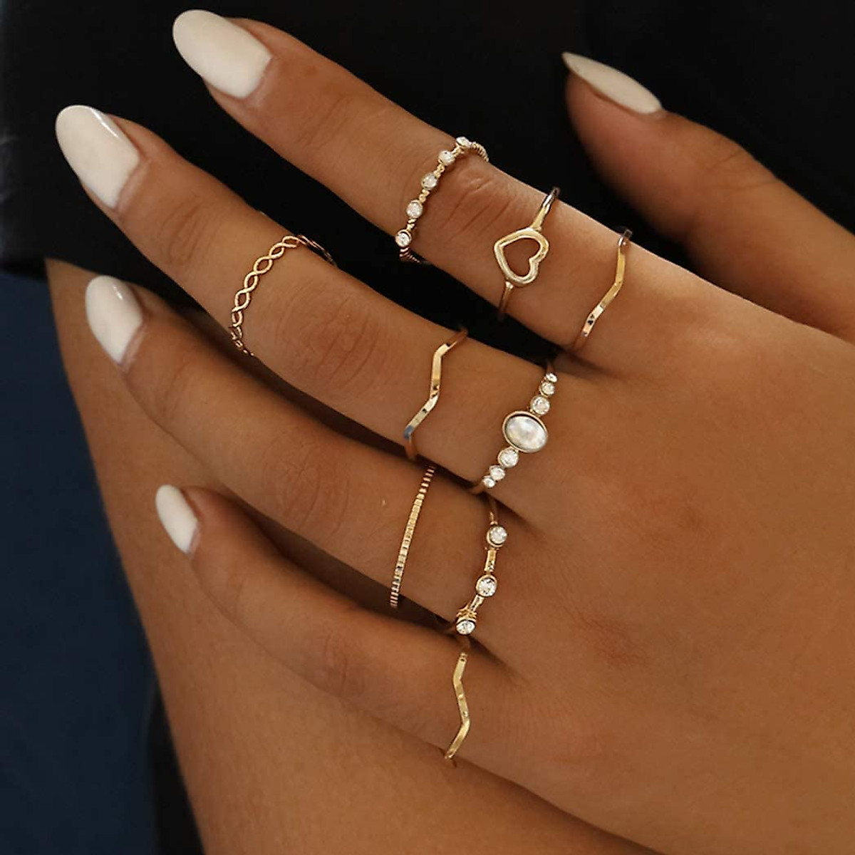 Salliy Boho Rings Set Gold Rings Crystal Joint Knuckle Finger Rings Stackable Rings Jewelry for Women (F)