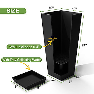 Elevens Set of 2 Tall Outdoor Planters 24 Inch, Large Planters for Indoor Outdoor Plants, Tapered Square Flower Pots with Tray for Patio,Black