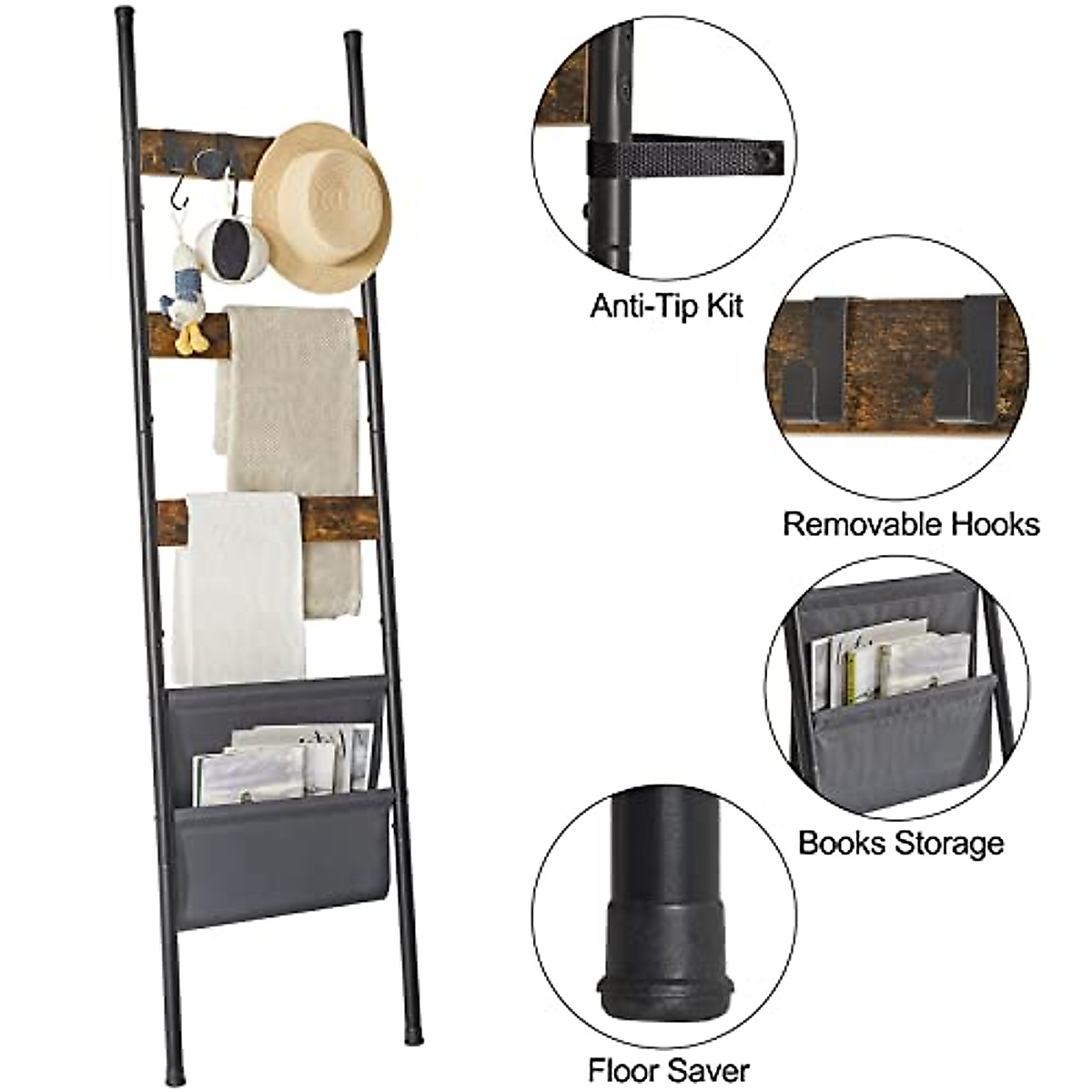 IBUYKE Blanket Rack Towel Rack Holder with Hooks Blanket Ladders Wall Leaning Metal Holder Rack for Living Room,Bathroom,Bedroom Home Decor Rustic Brown TTR001H