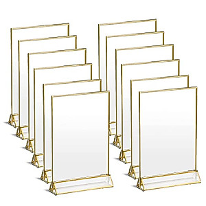 UNIQOOO Acrylic Sign Holders with Golden Border, Portrait View, Pack of 12 | 5x7 Double Sided Clear Frame, Perfect for Wedding reception, Centerpiece, Decoration, Party,Anniversary, Event