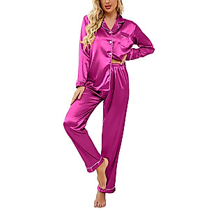 Ekouaer Women's Classic Button Down Long Satin Silk Pajama Set,Medium,Rose