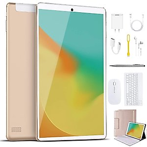2 in 1 Tablet 10 inch Android 10.0 with Keyboard Mouse, 4GB RAM+64GB ROM/128GB Upgrade Tablets, Dual SIM 4G, Quad Core, 8MP Dual Camera, 8000mAh, WiFi, GPS, Bluetooth, GMS Certified Tablet(Glod)