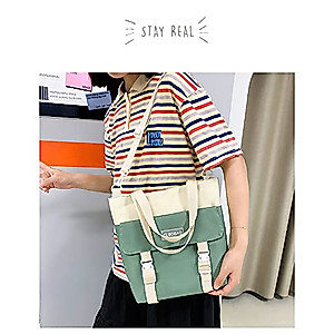 Cute Kawaii Canvas Backpack 4Pcs Set, Backpack, Pencil Pouch, Shoulder Bag, Lunch Bag, for Girls Boys, Give away bear pendant, cards, badges (Green)