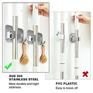 Drek Crek Mop Broom Holder Wall Mounted Heavy Duty No Drill, Adhesive Mop Broom Organizer, 304 Stainless Steel Mop Hanger Wall Mount Stick on w Hooks for Bathroom,Kitchen,Closet,Garage,Garden, 4PCS