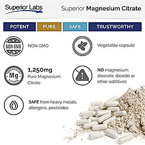 Superior Labs Magnesium Citrate - 100% NonGMO Safe from Additives, Stearates, Gluten and Other Allergens - Powerful Dose for Sleep, Cramps, Twitches - 1,250mg Citrate, 120 Vegetable Caps
