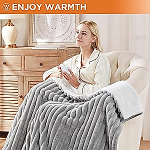 Westinghouse Electric Blanket Heated Throw, Super Cozy Luxury Faux Fur & Sherpa with 6 Heating Levels & 2-10 Hours Auto Off, Fast Heating & Overheat Protection, 50x60 Inch, Light Grey