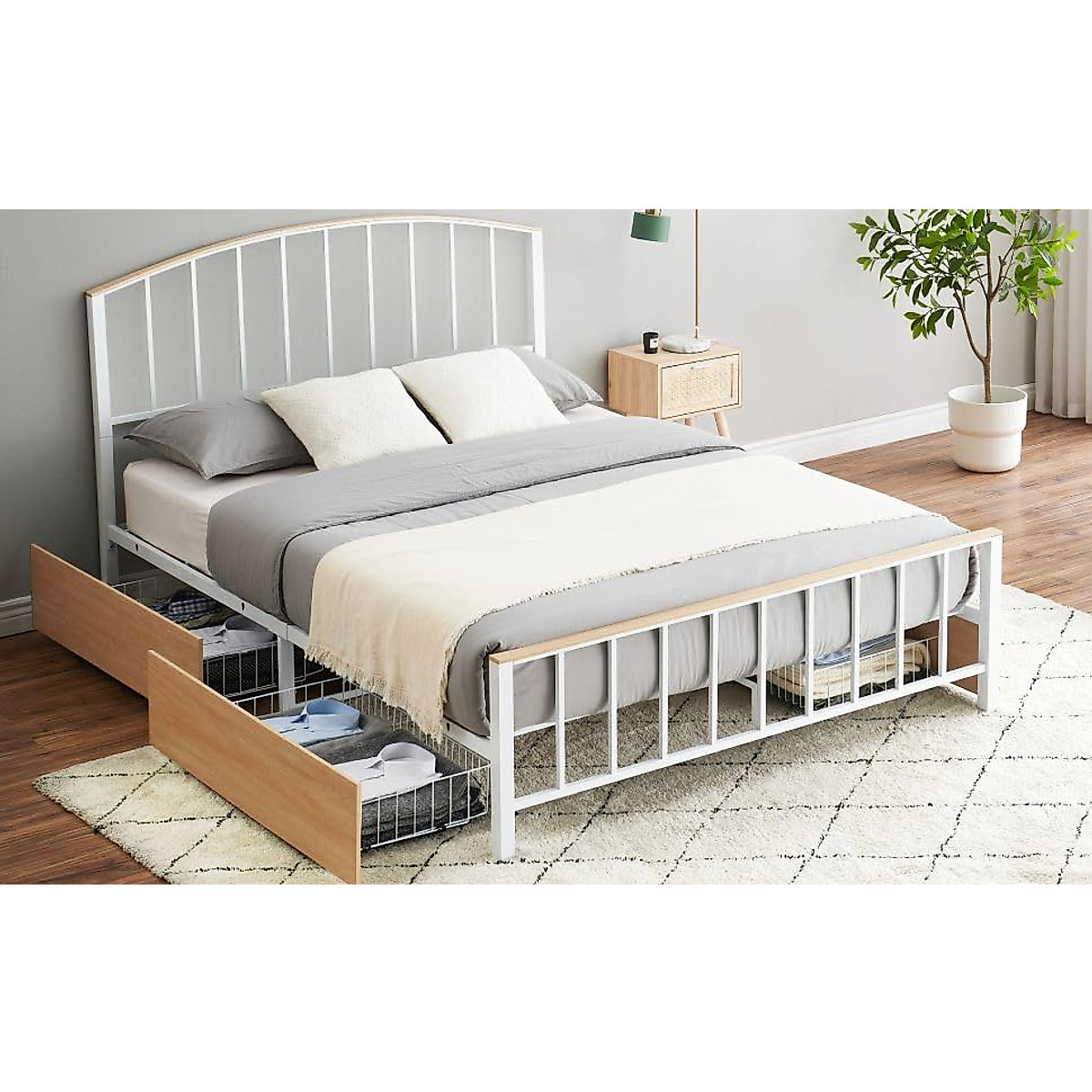 Amyove Queen Size Platform Bed Frame with 4 Storage Drawers, Mattress Foundation with Headboard & Footboard, Metal Platform Bed Steel Slat Support/No Box Spring Needed