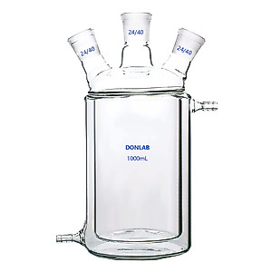 DONLAB CFL-1000 Glass 1000ml/1L 3-Neck Double Layer Flat Bottom Reaction Flask Jacketed Reactor, with Three 24/40 Ground Glass Joints