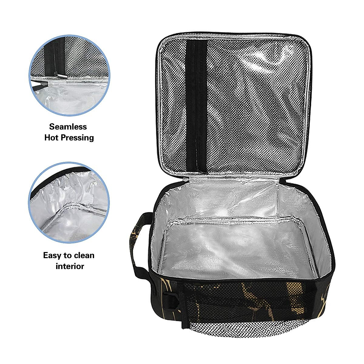 Pfrewn Luxury Black Gold Marble Lunch Box Luxury Black Gold Marble Insulated Lunch Bag Reusable Cooler Meal Prep Bags Lunch Tote with Shoulder Strap for School Kids Boys Girls