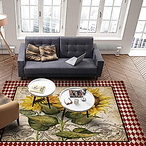 Area Rug Absorbent Non-Slip Rectangle Rug Retro Sunflower Red Rhombus Checkered Background Rugs for Living Room Bedroom Kitchen Entryway, Soft Floor Mat Indoor Carpet Accent Rugs 2x3 Feet