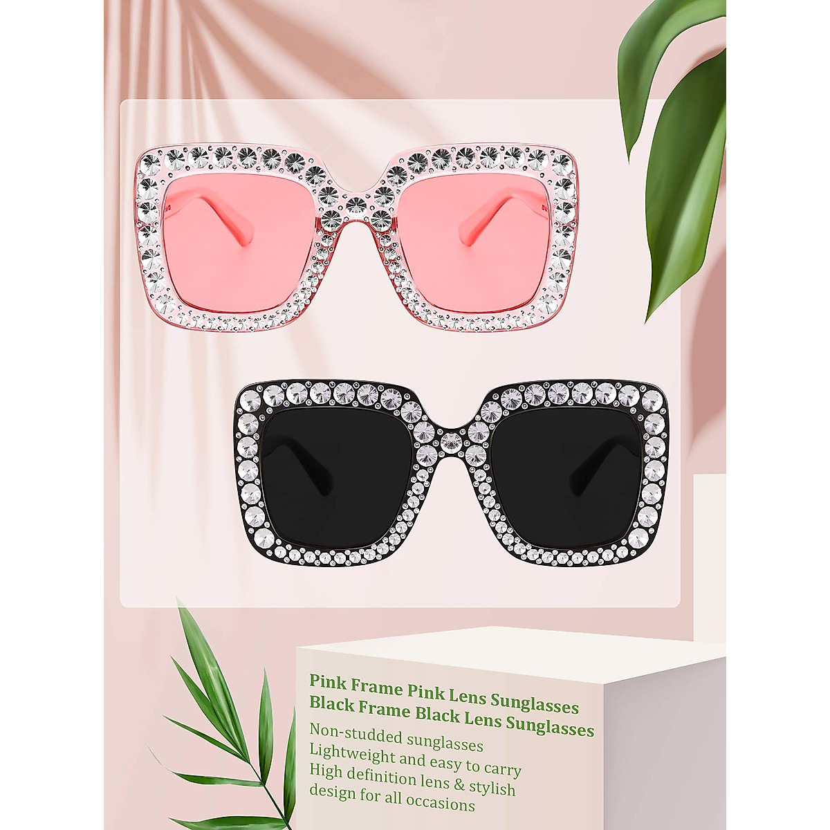 Frienda 2 Pieces Oversize Square Sparkling Sunglasses Retro Thick Frame Sunglasses (Clear Pink, Black)