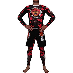Hardcore Training Raijin Men's Rash Guard Compression Long Sleeve MMA No-Gi Tight BJJ Grappling Base Layer Fitness Red/Black