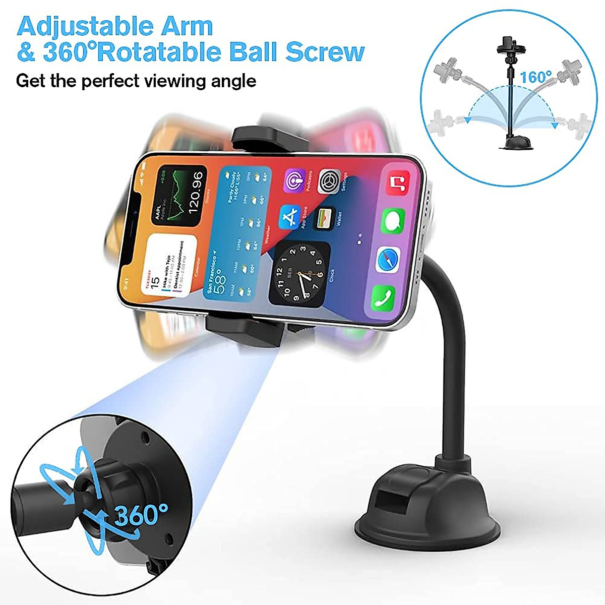 Leaflai 360 Rotatable Windshield Car Phone Holder, Compatible with iPhone 14, Samsung S21, LG G7, Sony Xperia, OnePlus 9 Pro/ 9R/ 8T